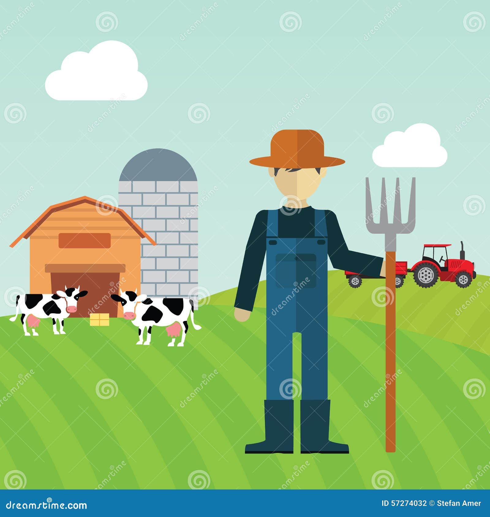 Farmer Working On Field, Village Worker Gathering Hay With Pitchfork In ...