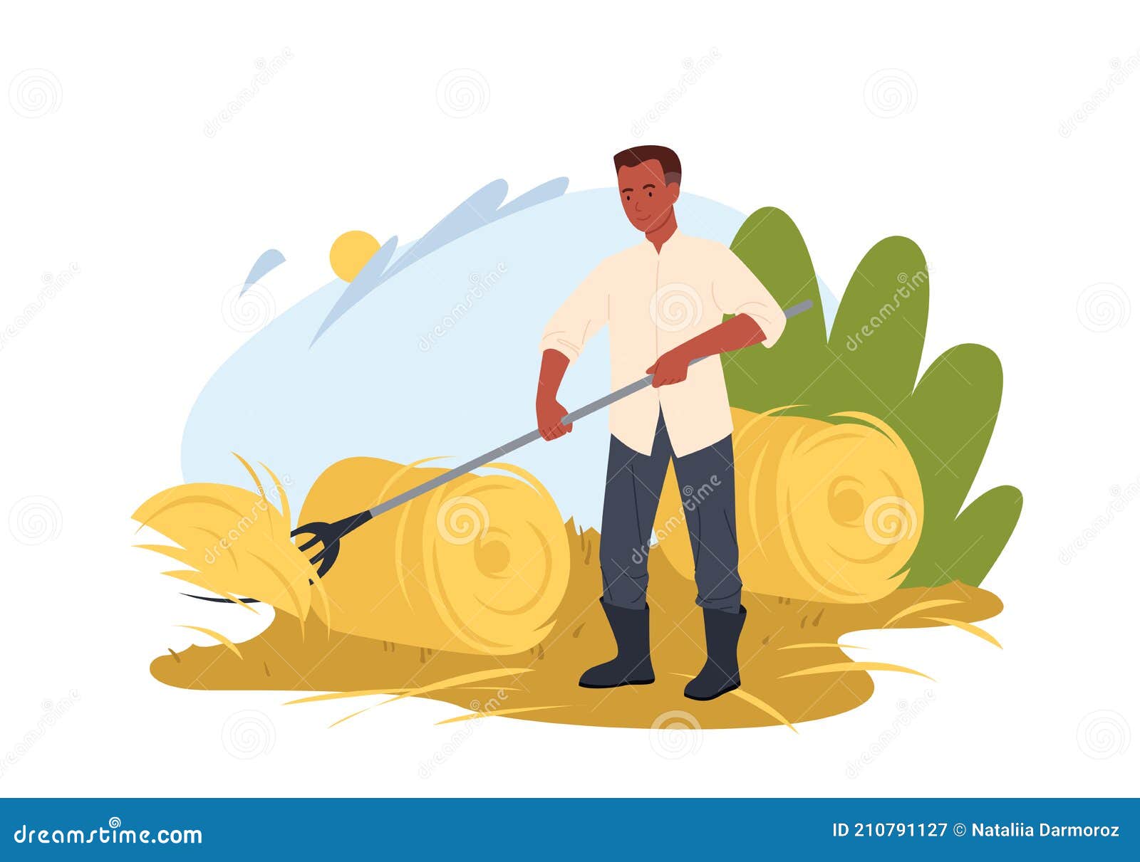 Farmer Working on Field, Village Worker Gathering Hay with Pitchfork in ...