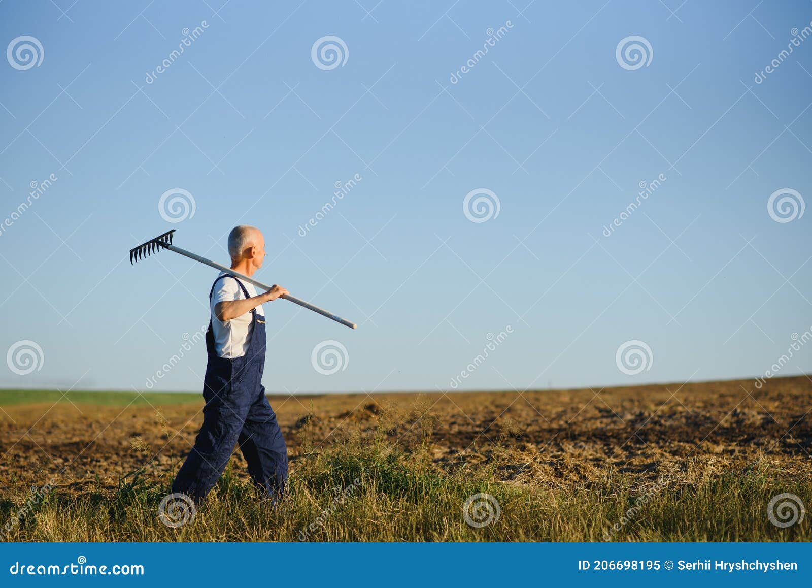 A farmer works with a rake stock image. Image of work - 206698195