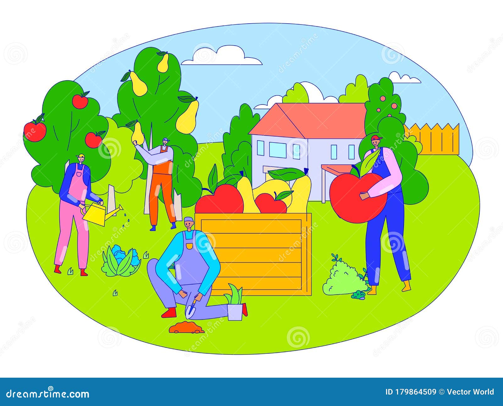 Farmers Harvesting Fruits In Summer Orchard Men Cartoon Characters