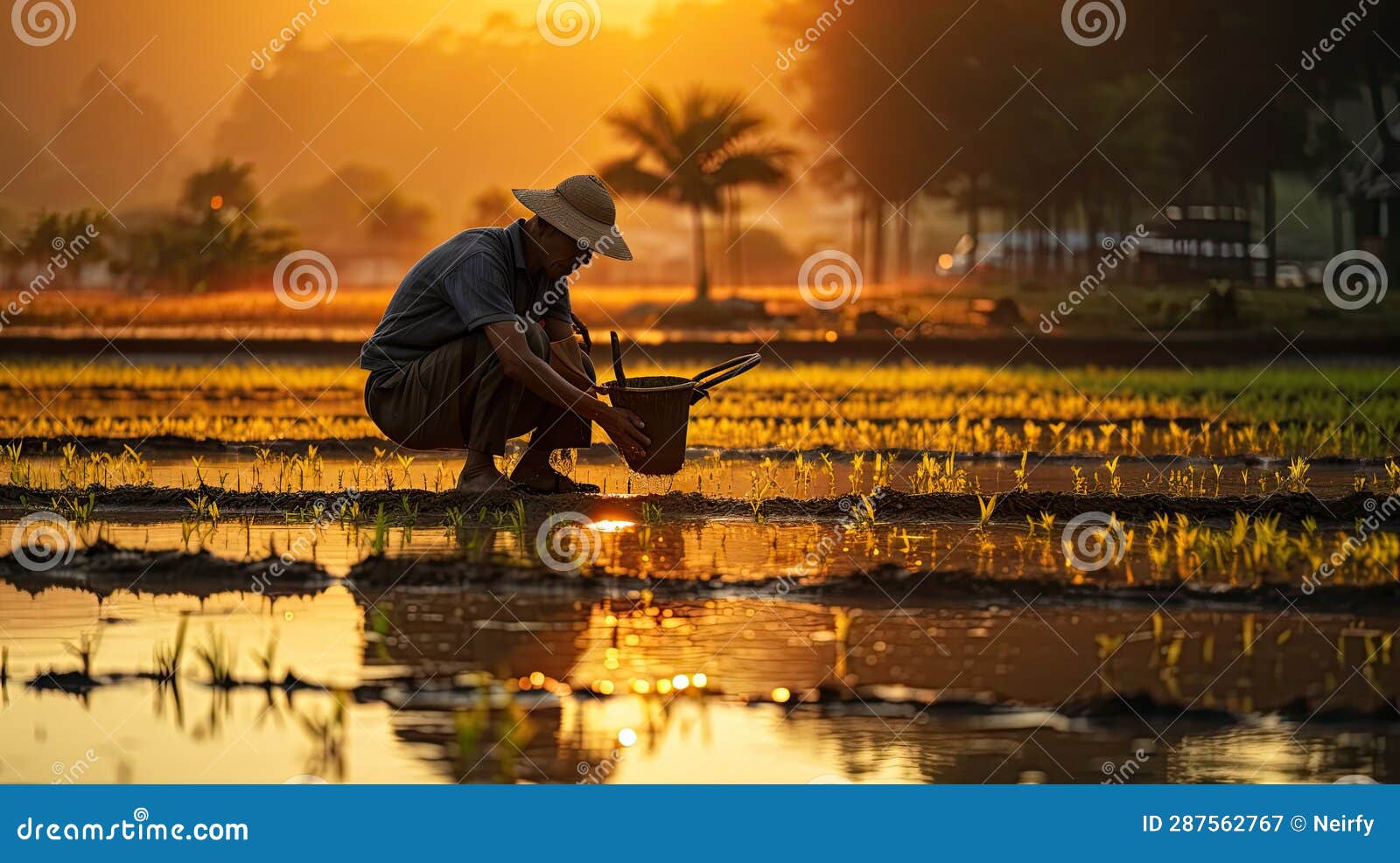 Farmers Are Planting Rice In The Farm. Farmers Bend To Grow Rice ...