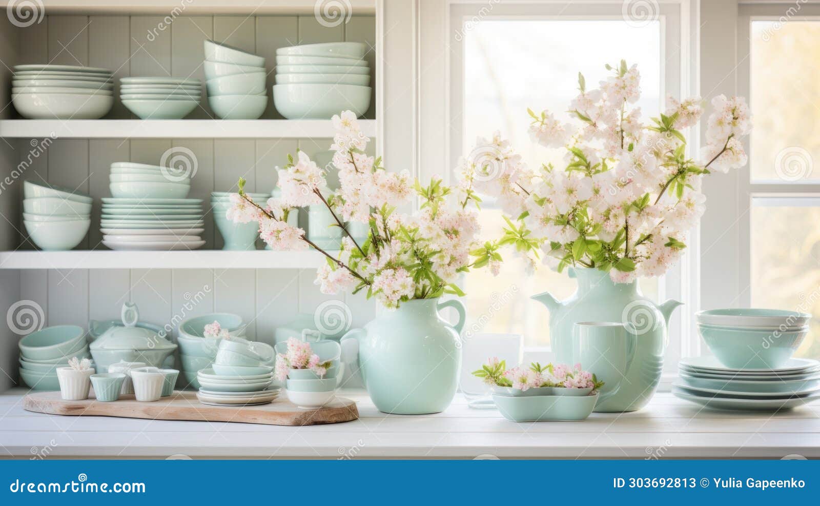 A Farmhouse Kitchen Decorated with Rustic Elements, Pastel Crockery ...