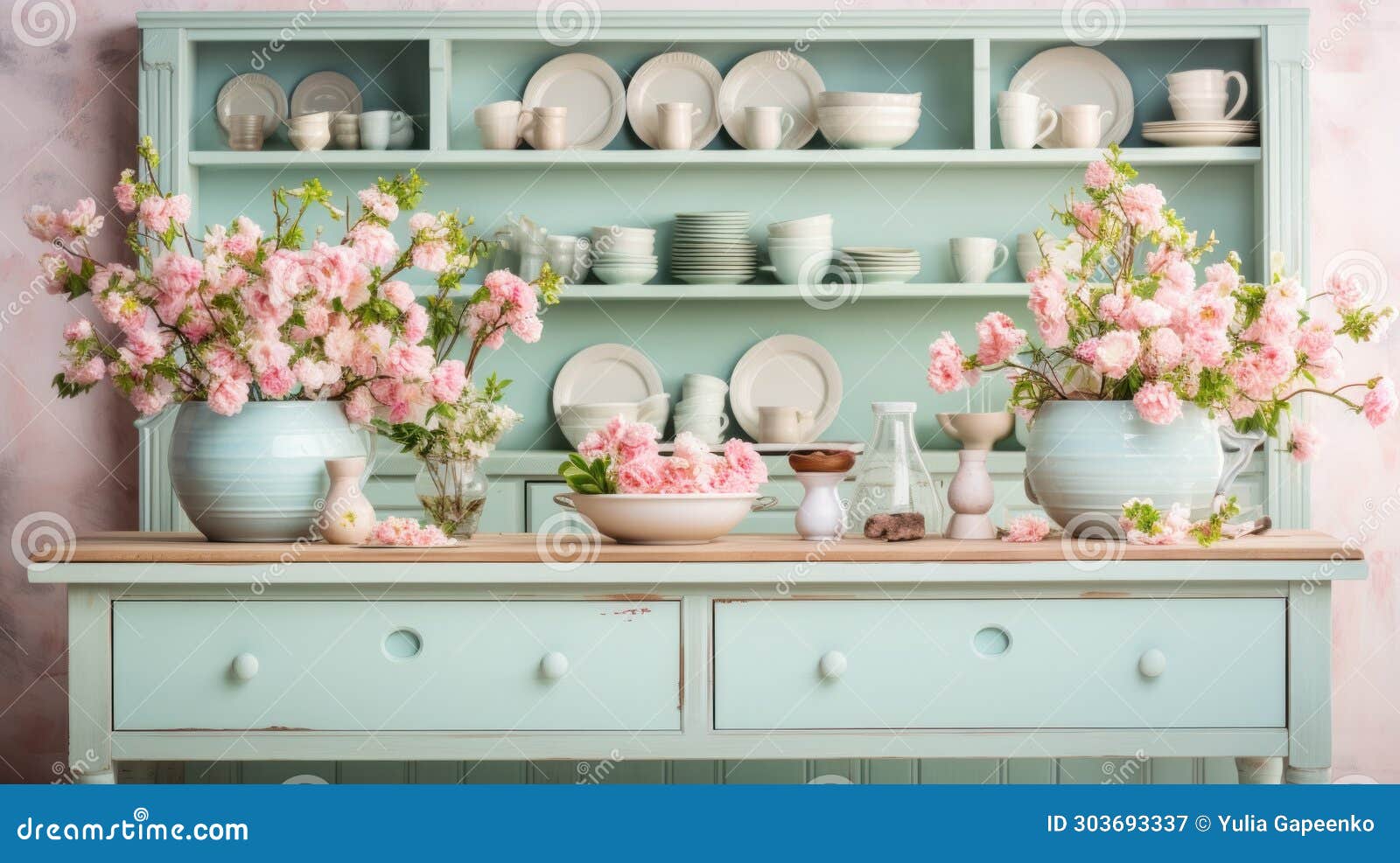 A Farmhouse Kitchen Decorated with Rustic Elements, Pastel Crockery ...