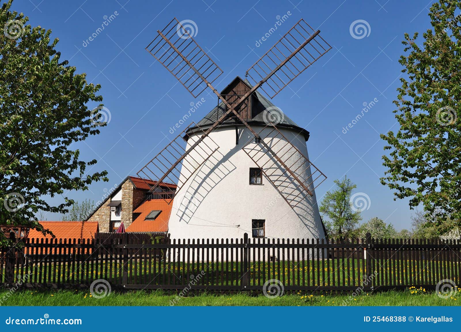 Farmhouse with Old Windmill Stock Photo - Image of village, farmhouse ...