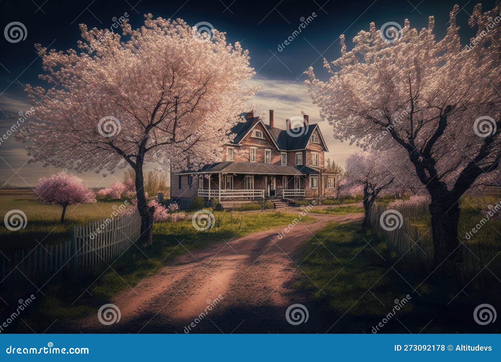 Farmhouse Surrounded by Blooming Cherry Trees in Springtime Stock Photo ...