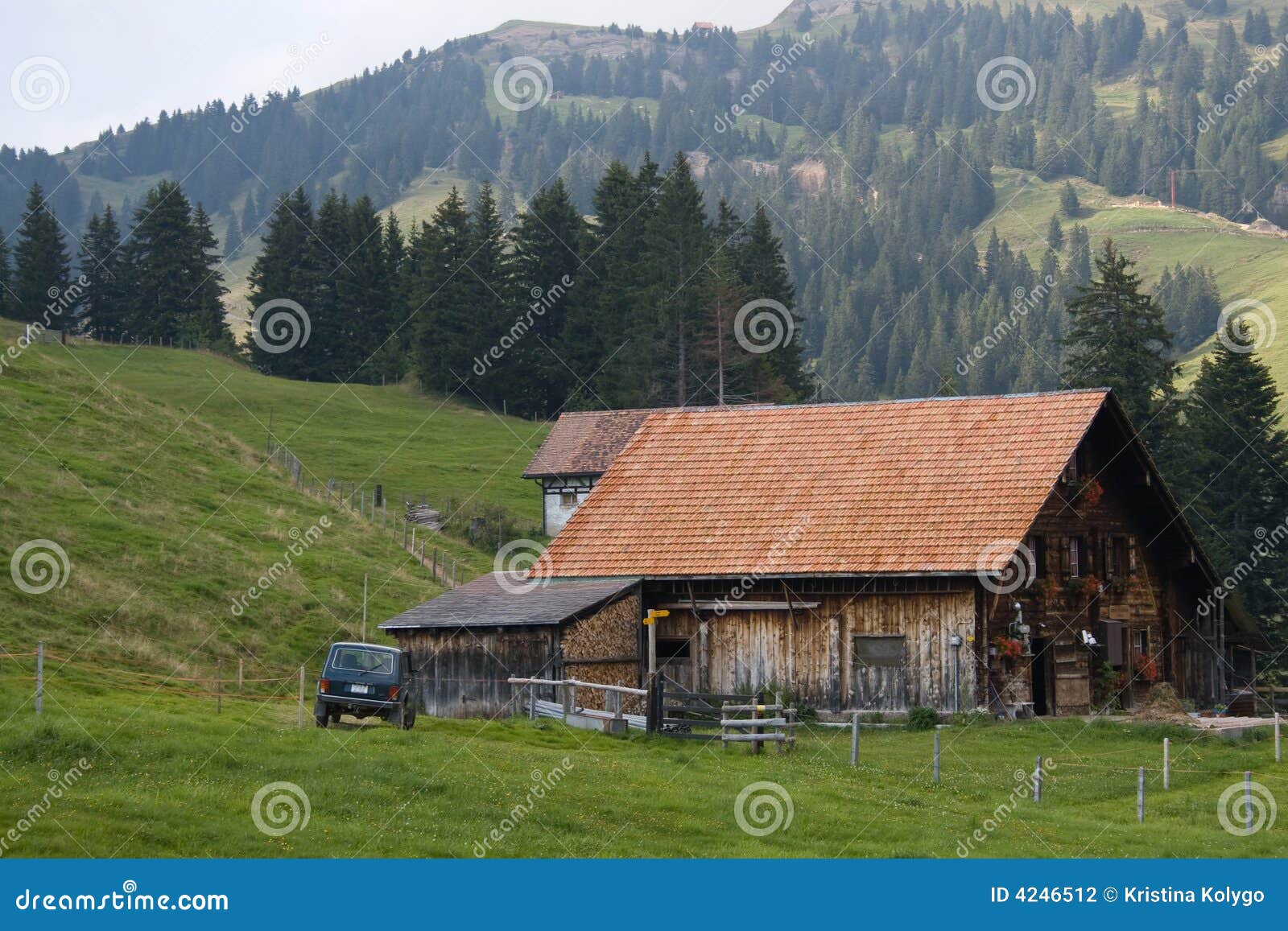 Farmhouse and Yard. Swiss Farm Stock Photo - Image of paddock, foggy ...