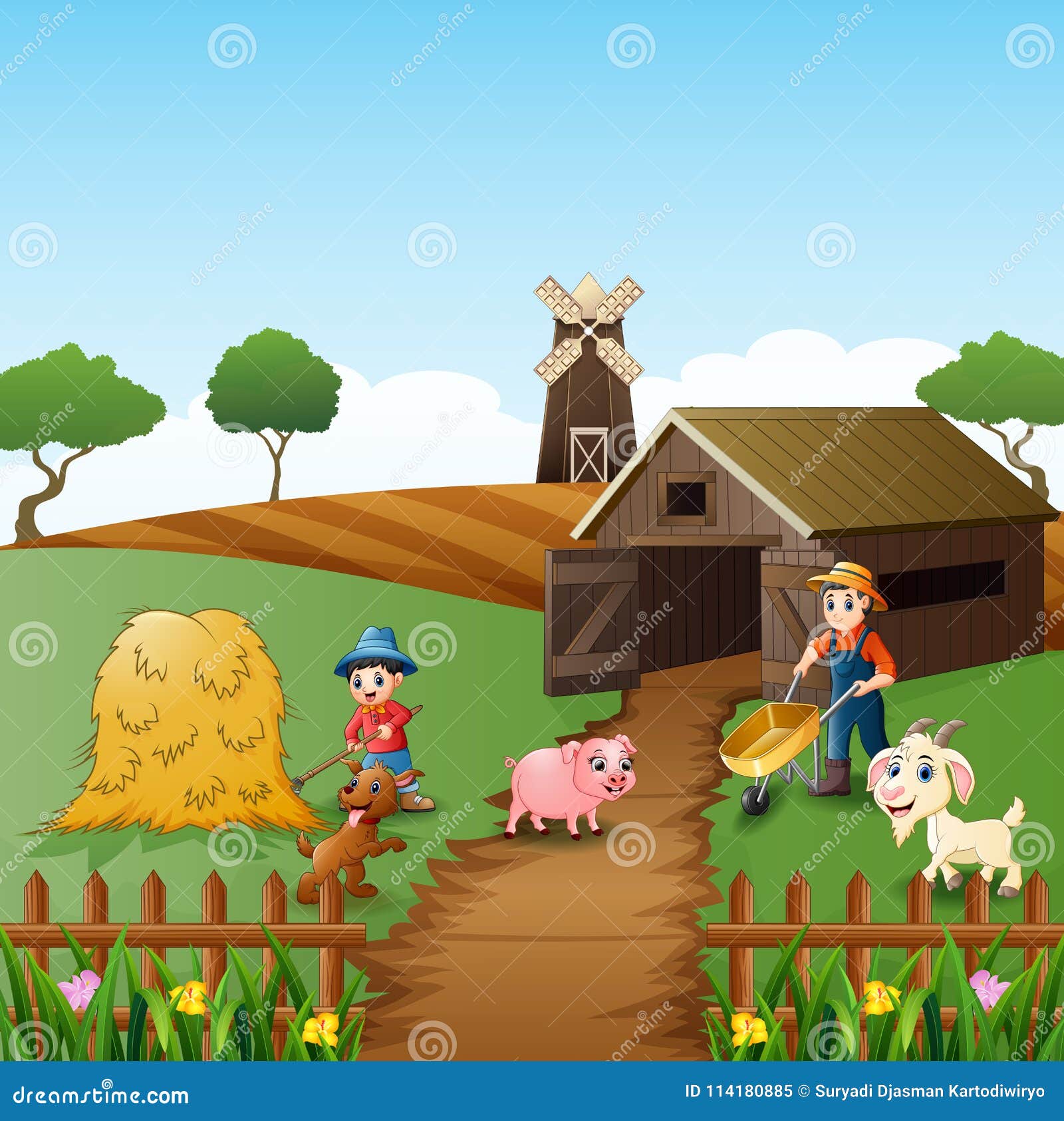 Farming Activities On Farms With Animals In Front Of The Cage Cartoon ...