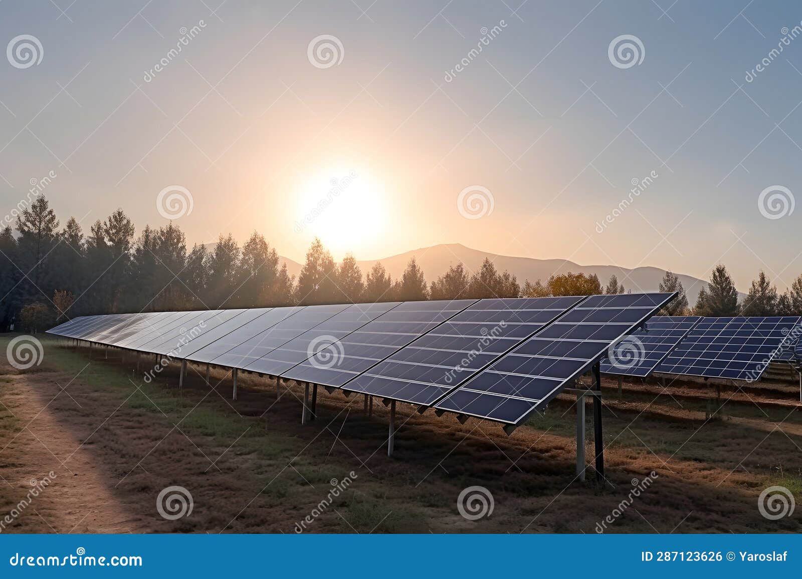 Farming Field with Solar Panels at Sunset in Mountain Glen Stock Photo ...