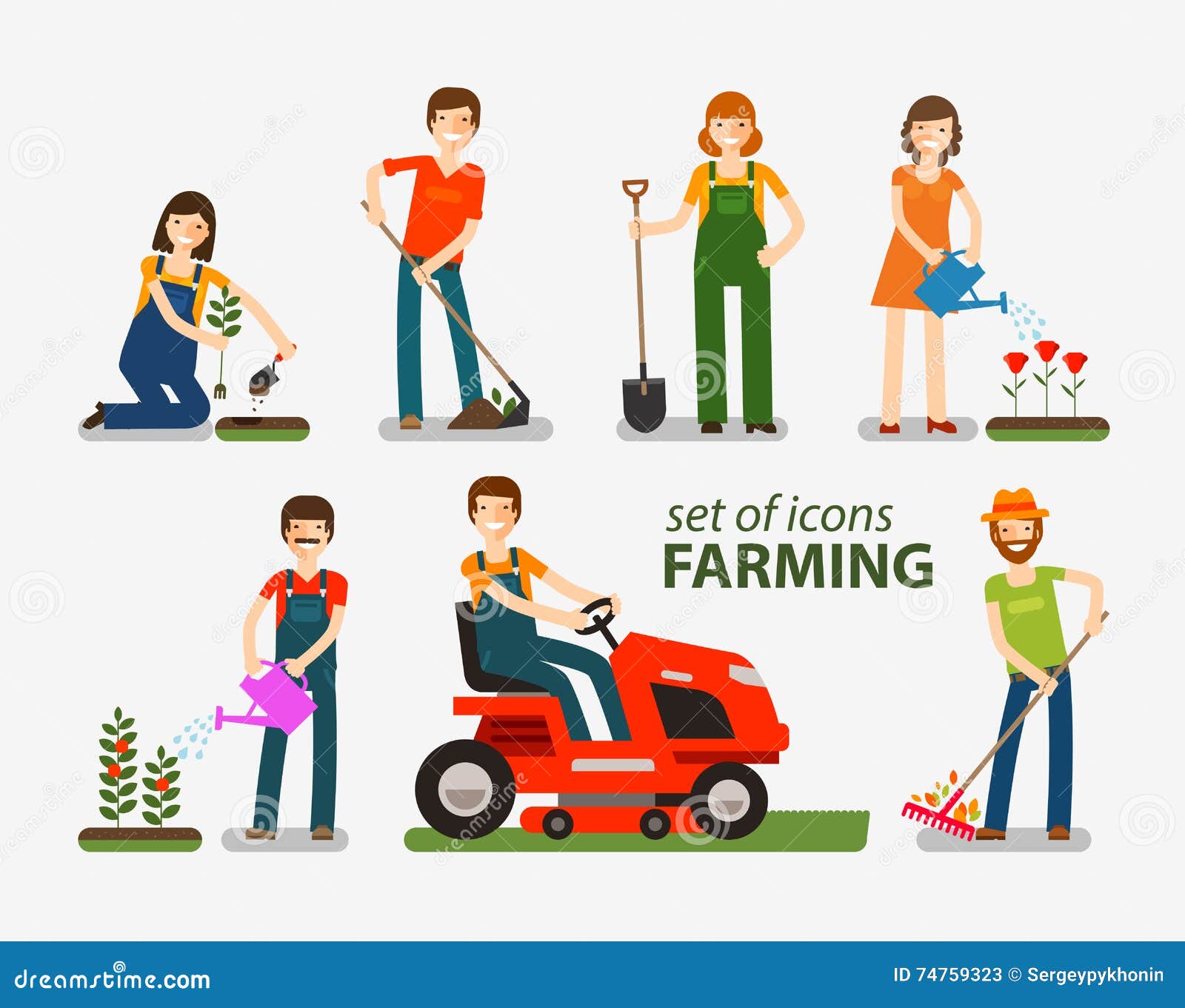 Farming and Gardening Set of Icons. People at Work on the Farm. Vector ...