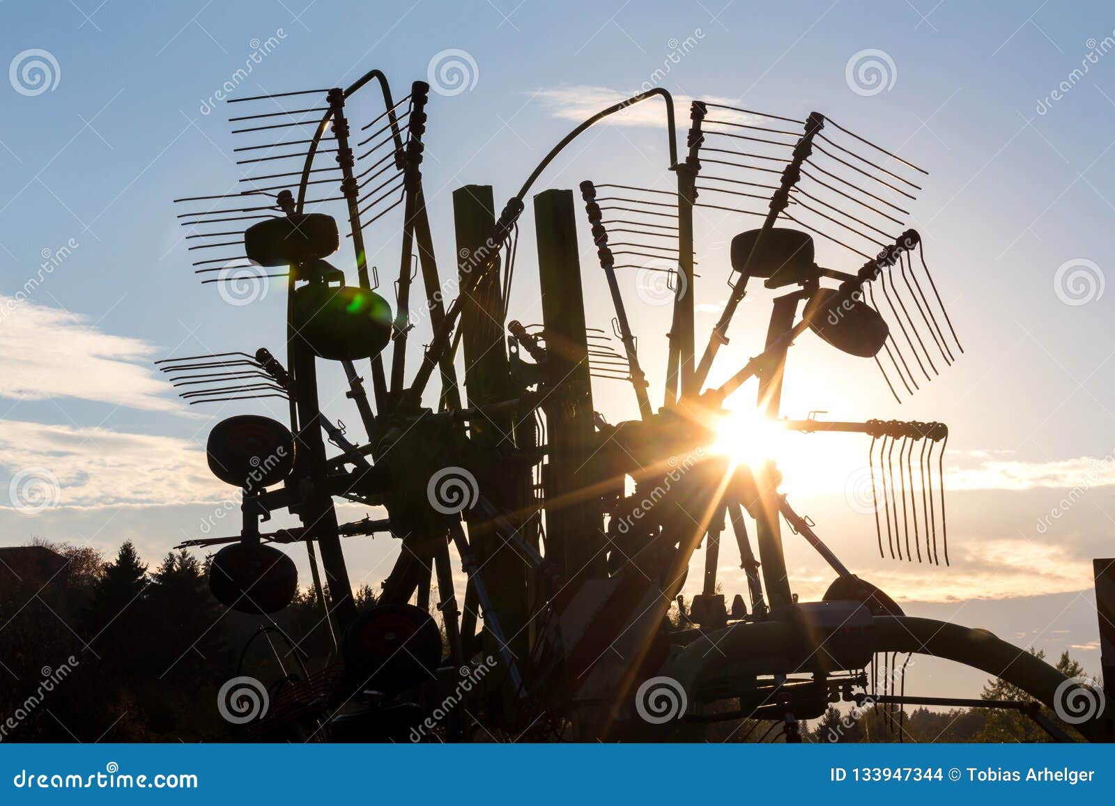 Farming Rotary Tedder on a Meadow in the Evening Stock Photo - Image of ...