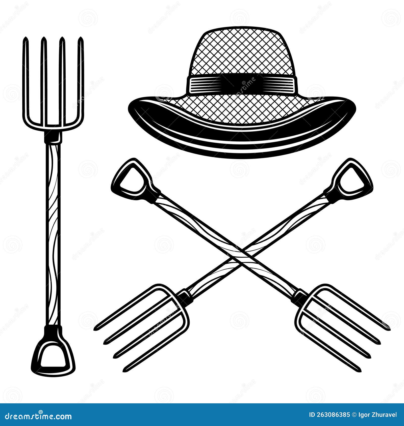 Farming Set of Back Vector Objects, Elements Farmer Fork, Straw Hat ...