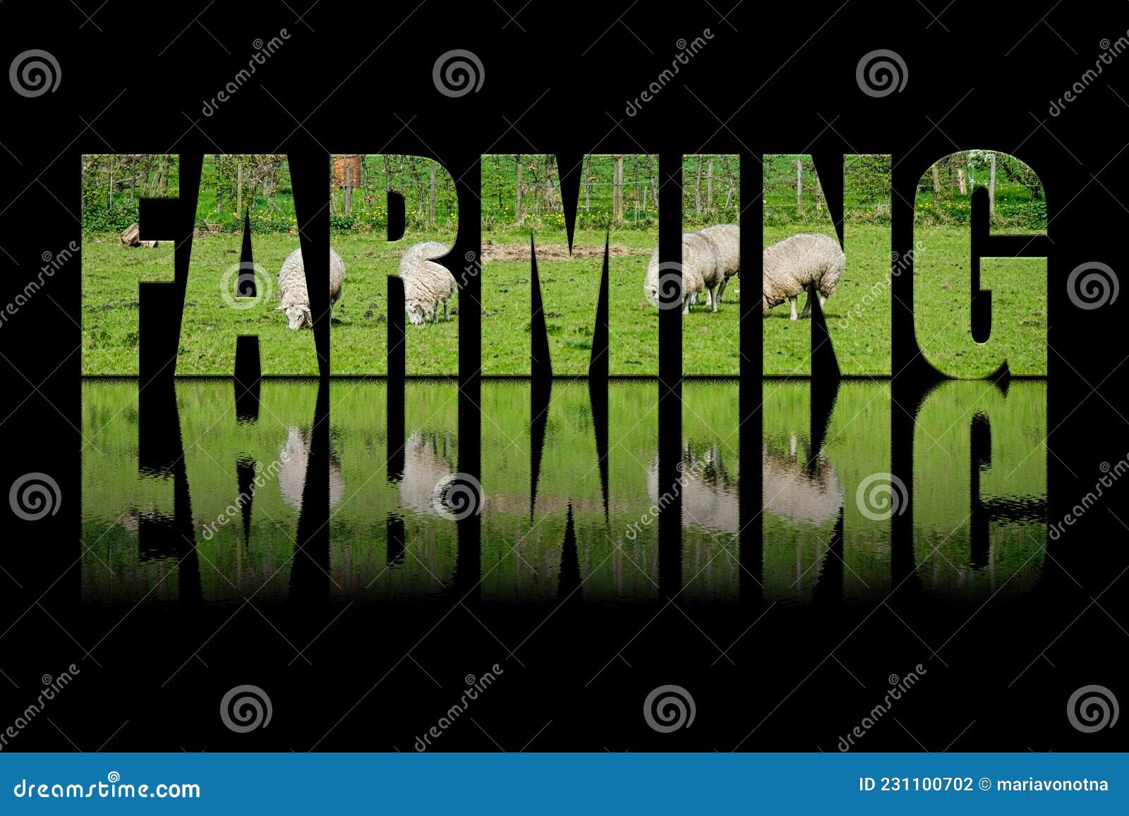 Farming Text Composed of Green Farm with Sheep on Black Background with ...
