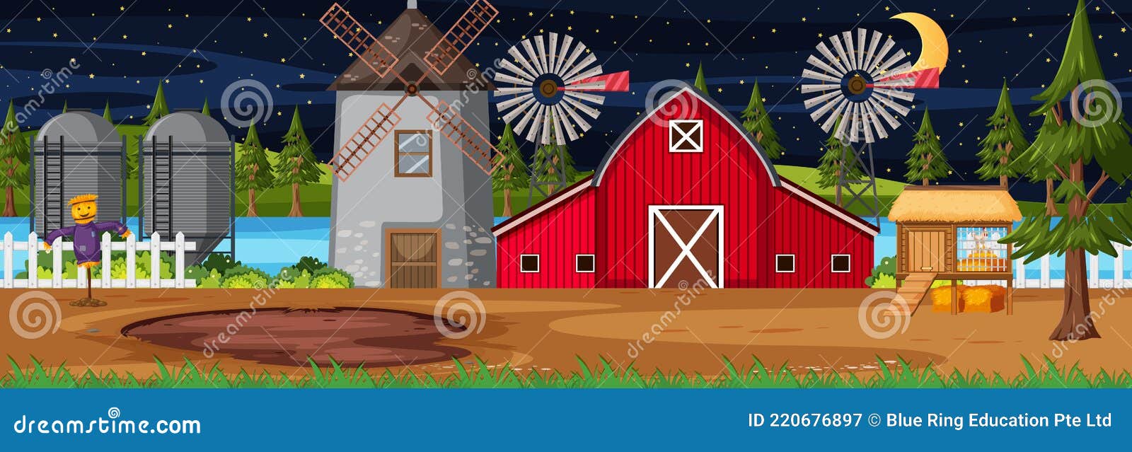 Farmland Horizontal Scene with Barn and Windmill at Night Time Stock ...
