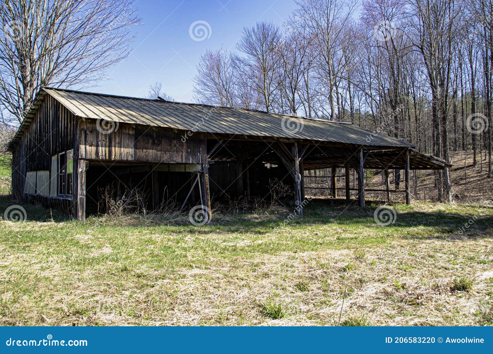 Farmland with Tree Line with Blue Sky and Shed Stock Photo - Image of ...