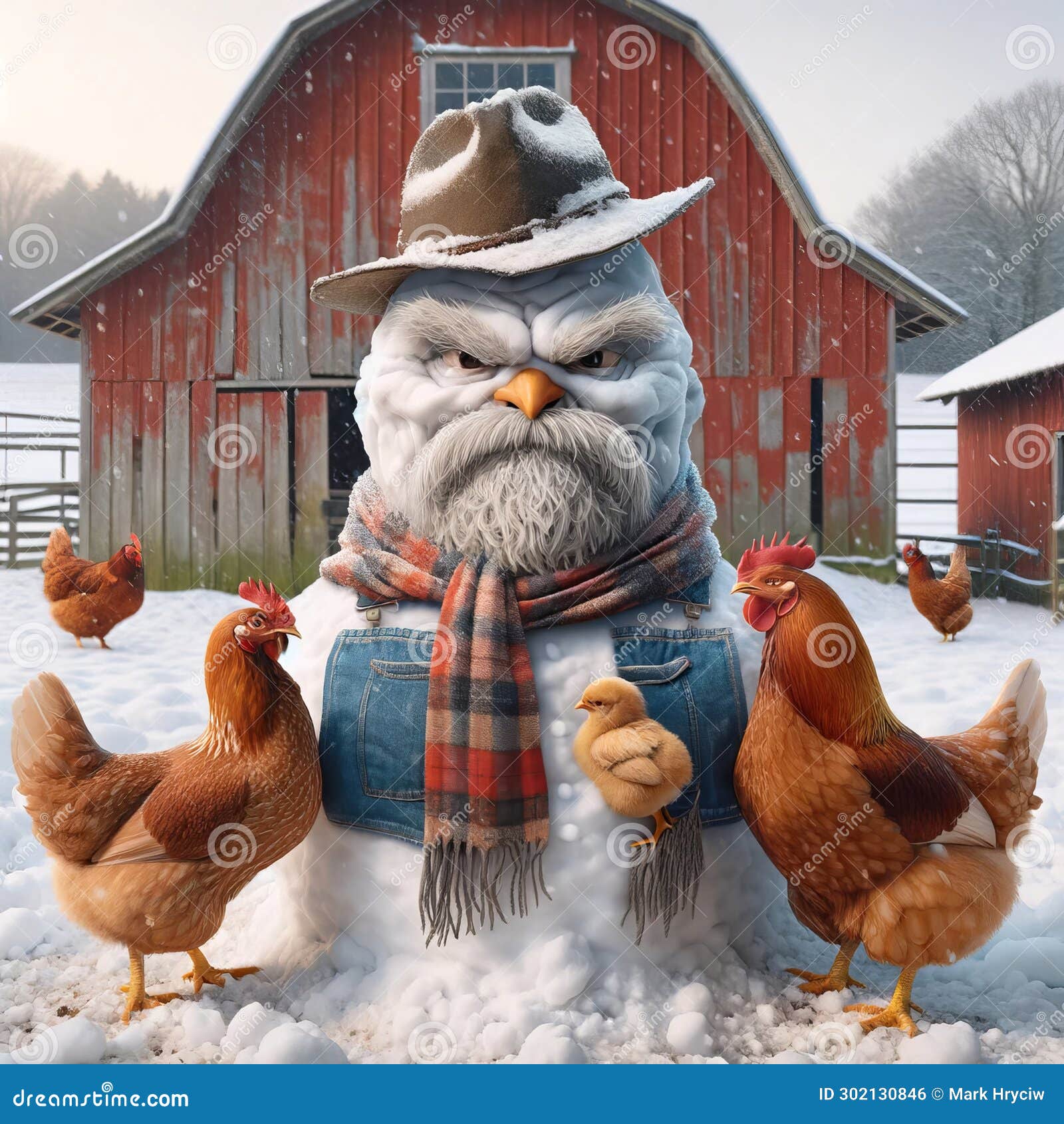 Farmyard Scene with Chickens Building a Grumpy Snowman in Front of a ...