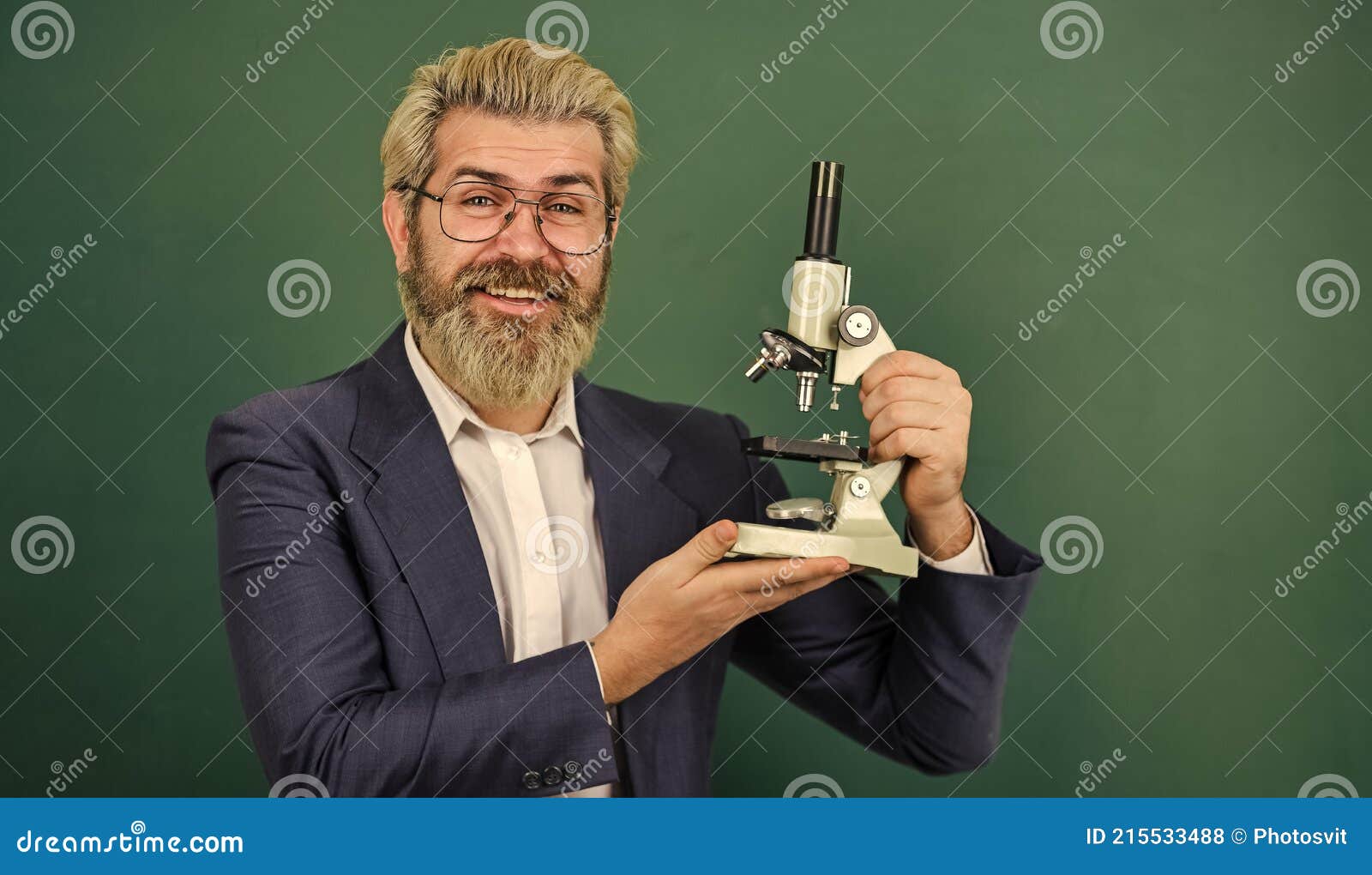 Fascinating Research. Teacher with Microscope. Man Hipster Classroom ...