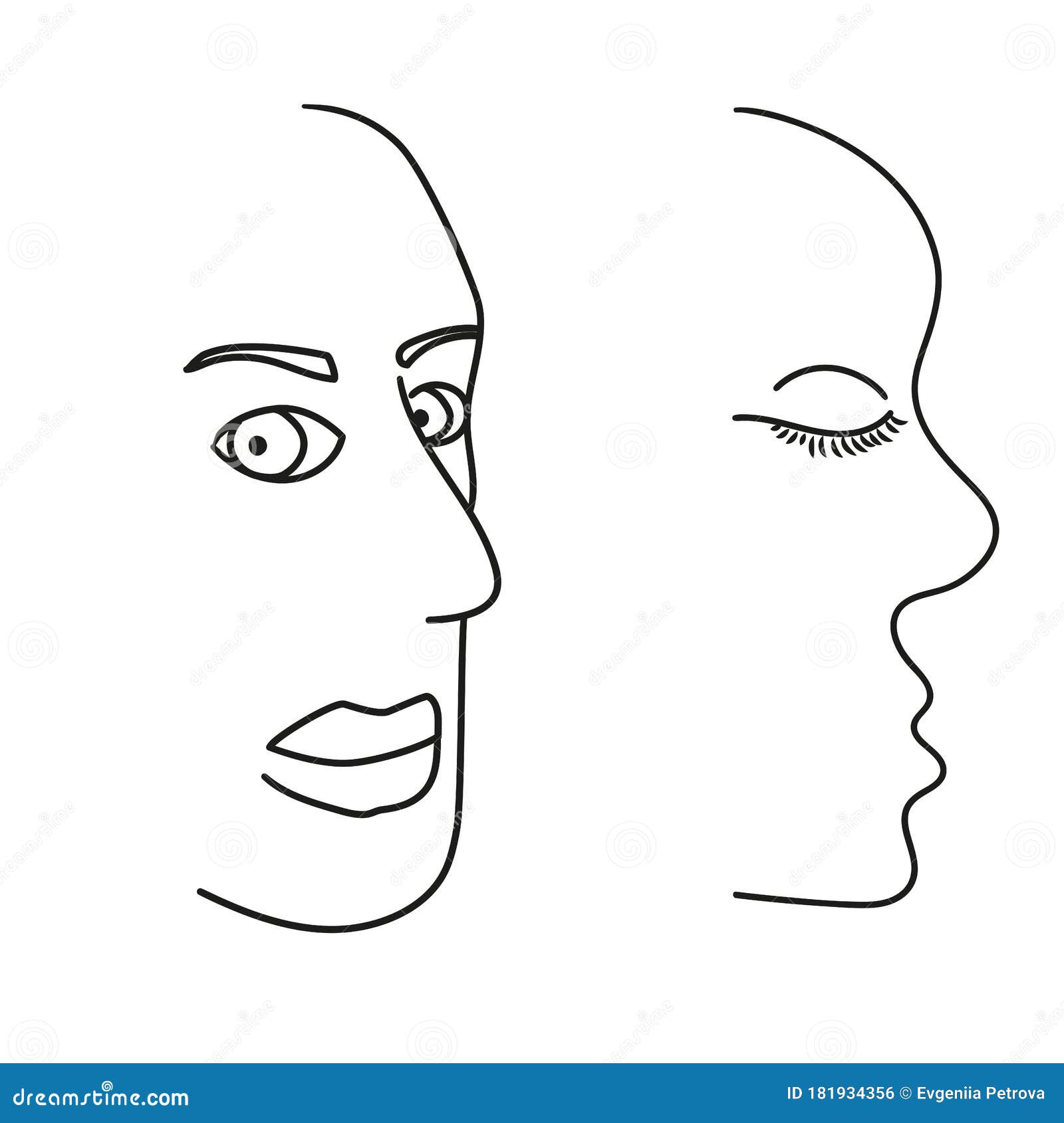 Two Faces in Line-art Style. the First is in Three Quarters, the Second ...