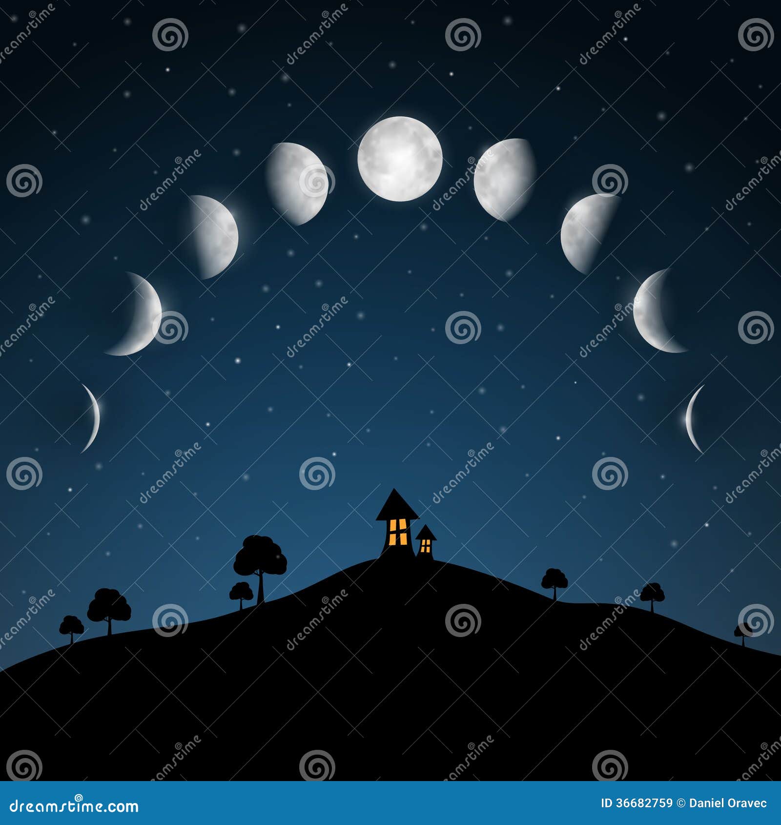 Fases Da Lua. Paisagem Da Noite. Ilustração do Vetor - Ilustração de ...