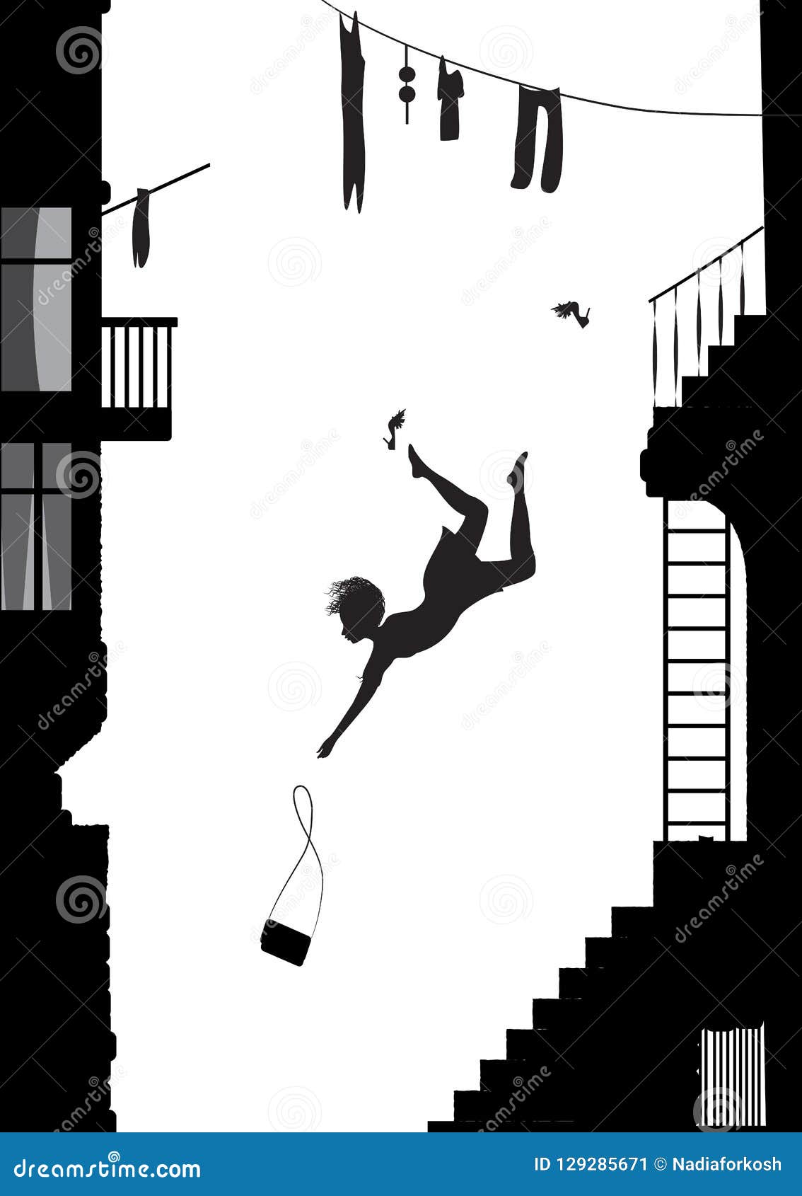 Fashinable Girl on Hight Heels Falling from the Stairs, Silhouette of ... Fashinable Girl on Hight Heels Falling from the Stairs, Silhouette of ...