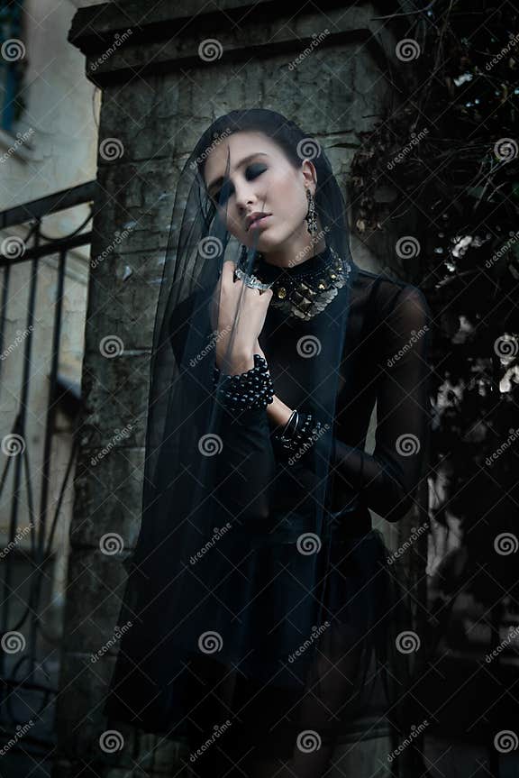 Fashiom Model Dressed in Gothic Style. Vamp. Stock Image - Image of ...