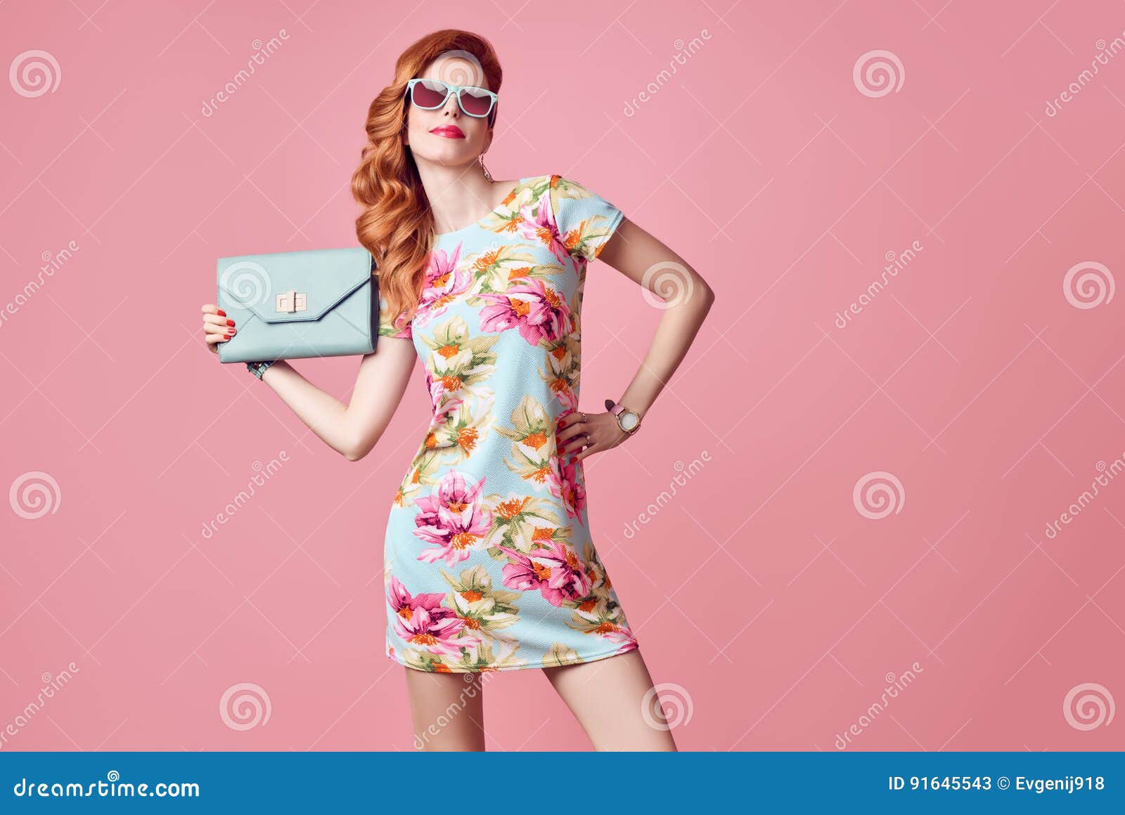 Fashion Beauty Woman Summer Dressredhead On Pink Stock Image Image Of Girl Makeup 91645543