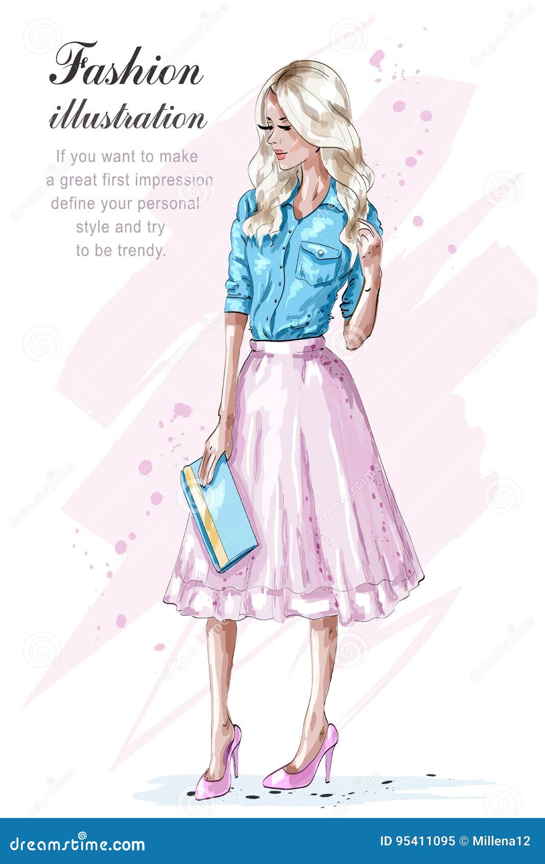 Fashion Blonde Girl In Pink Skirt Holding Handbag Hand Drawn Fashion