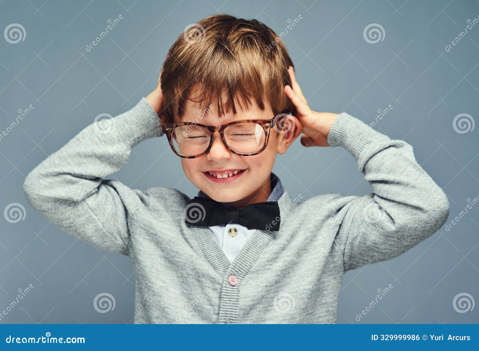 Fashion, Bow Tie and Kid in Studio with Glasses for Thinking, Problem ...