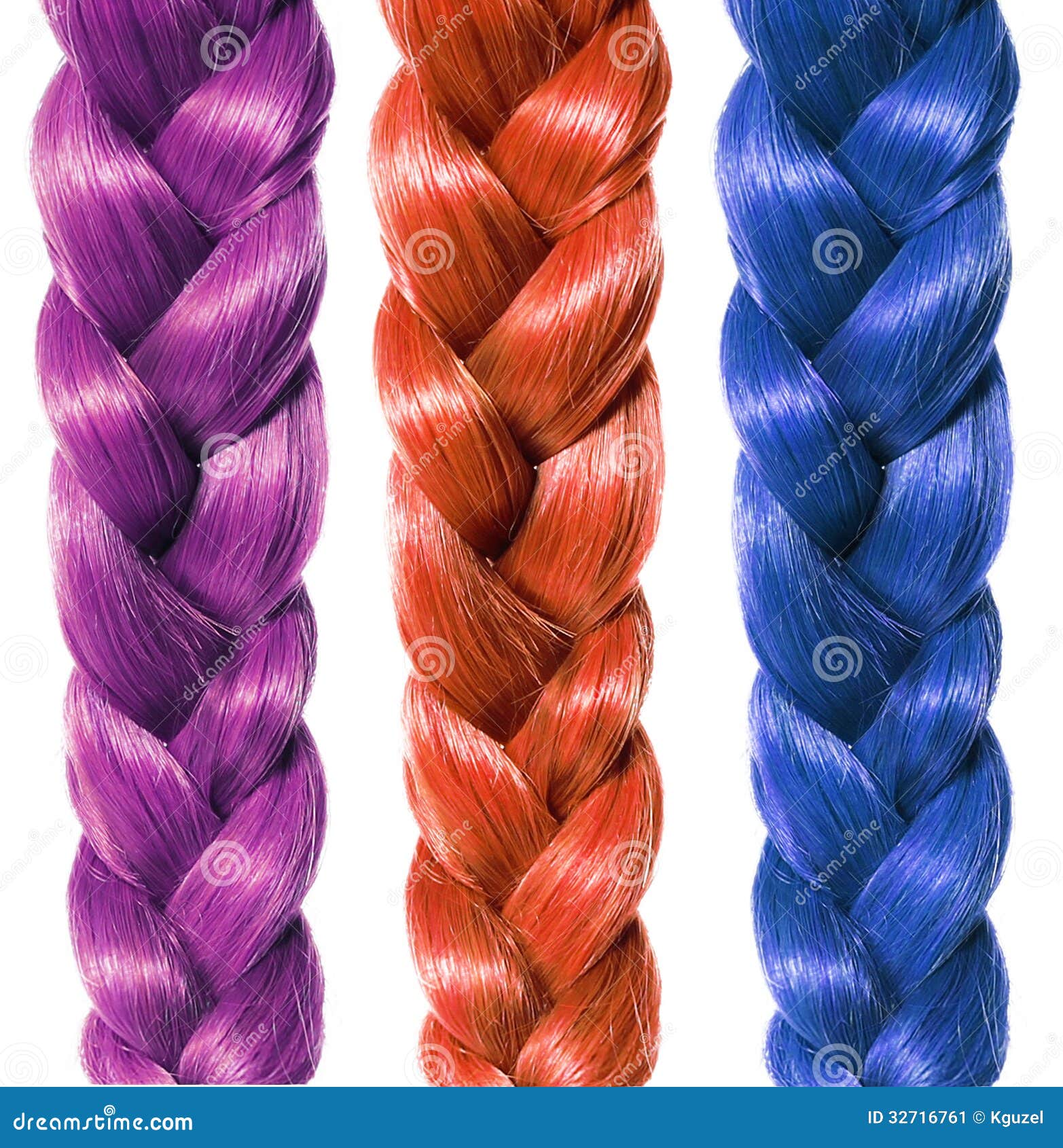 Fashion Braid Hair, Three Colored Plaits Isolated on White Stock Image ...