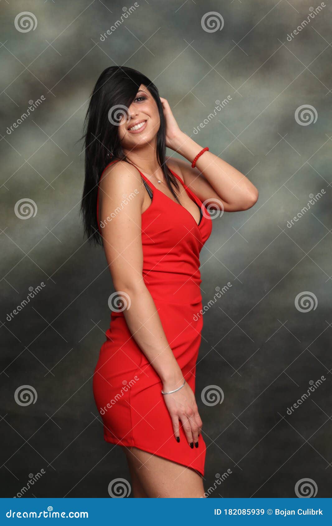 Beautiful Fancy Glamourous Caucasian Girl With Black Hair Posing In