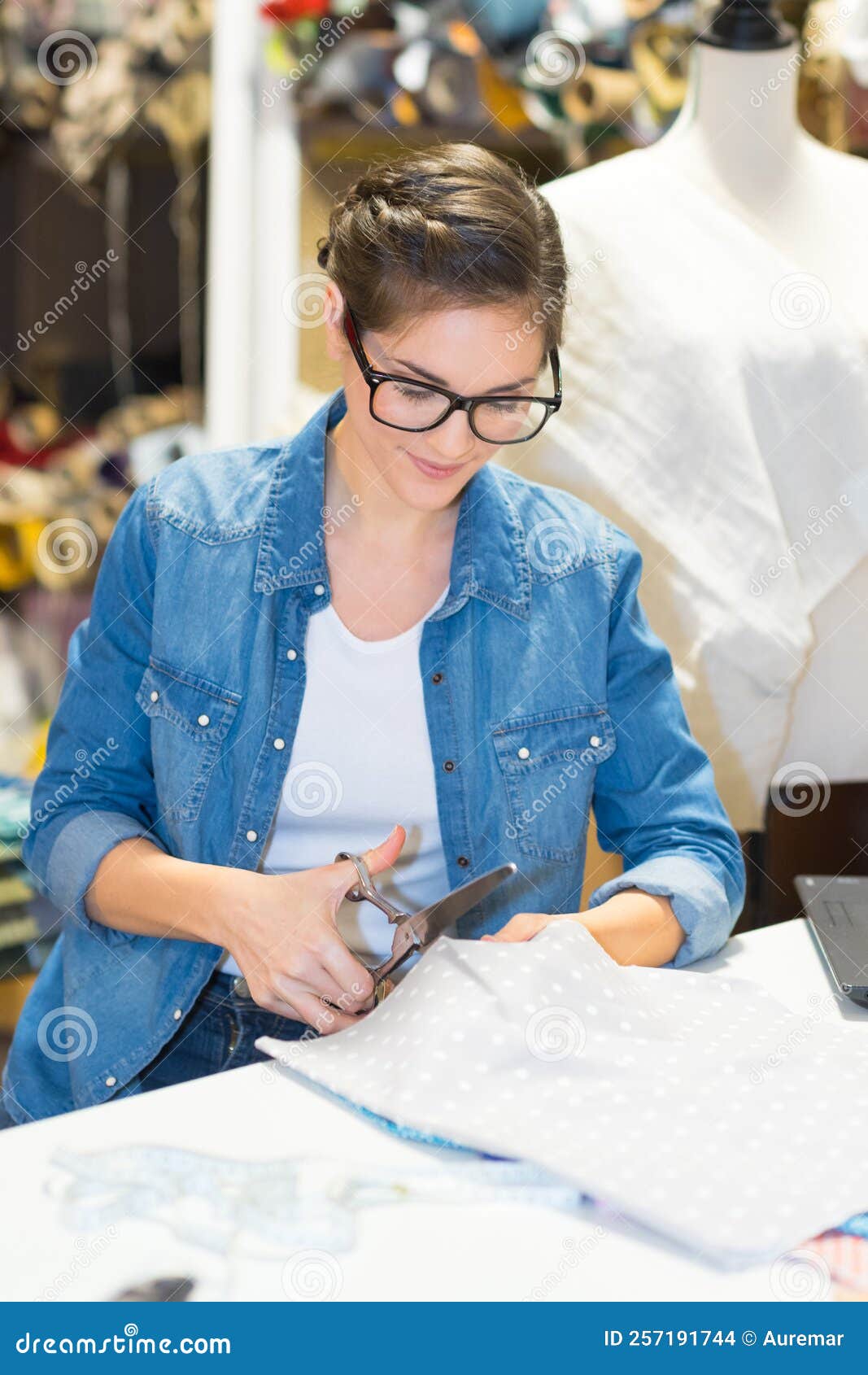 Fashion Designer Cutting Piece Fabric with Scissors Stock Photo - Image ...