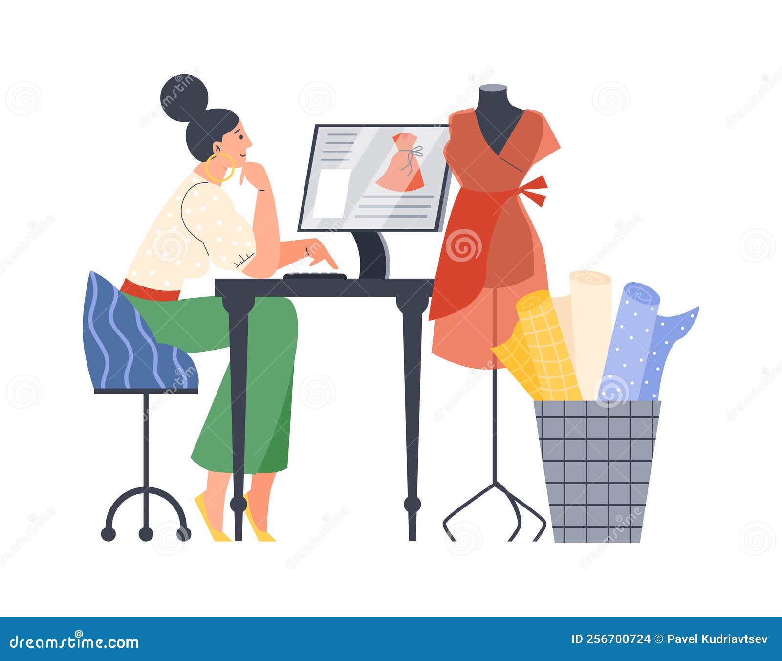 Fashion Designer or Seamstress Developing Clothes on Computer, Flat ...