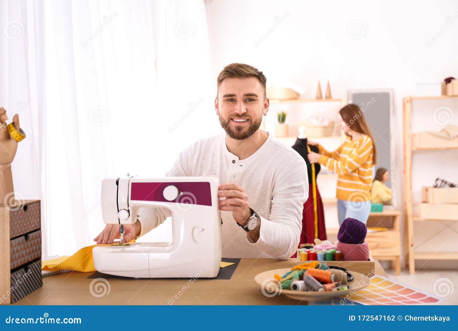 Fashion Designer Sewing New Clothes with Machine Stock Photo - Image of ...