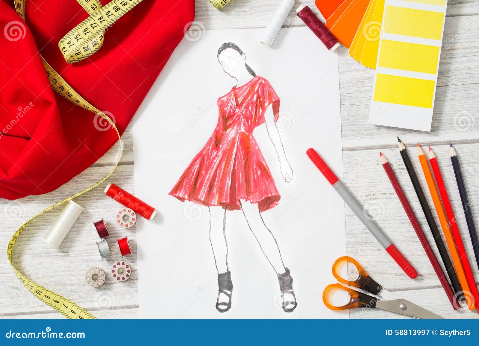 Fashion Designer Women Draw Dress Layout On Fabric Stock Photo ...