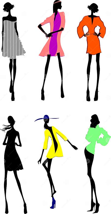 Fashion Flickor Silhouette Sex Vektor Illustrationer Illustration Av