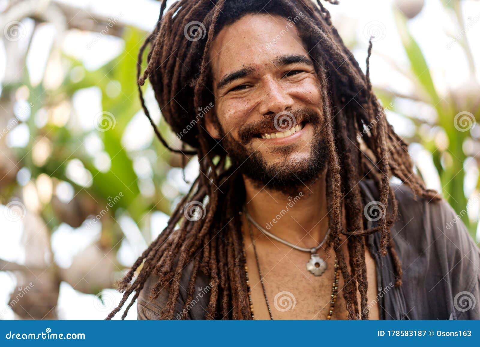 Fashion Guy with Dreadlocks in Tropical Palm Trees Smiling Stock Image ...