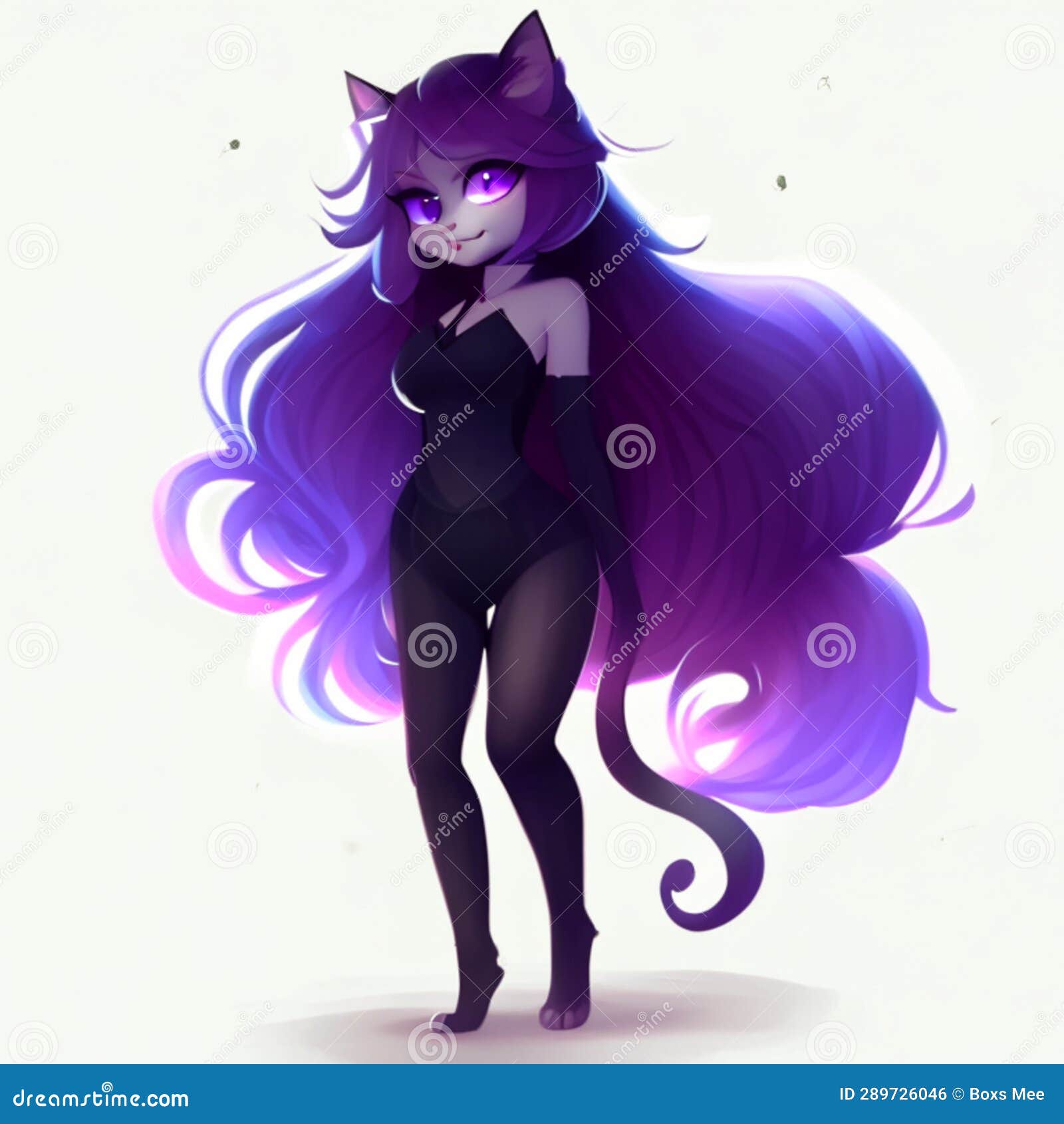 Fashion Illustration Of A Beautiful Girl With Purple Hair In A Cat