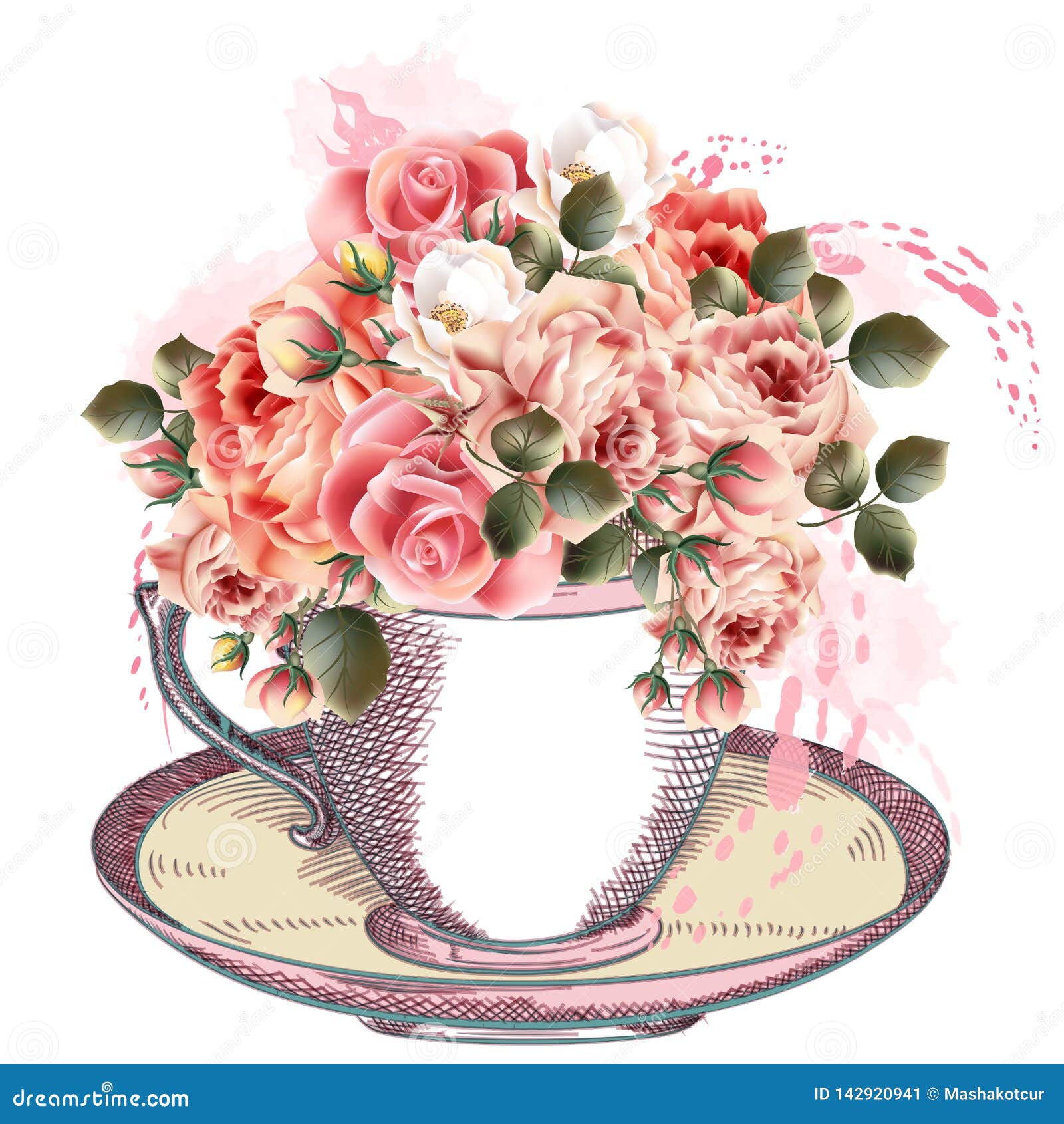 Fashion Illustration with Cup of Tea and Roses Stock Vector ...