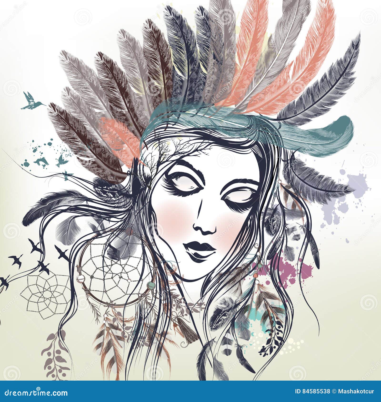 Fashion Illustration with Female Face, Boho Style Stock Vector ...