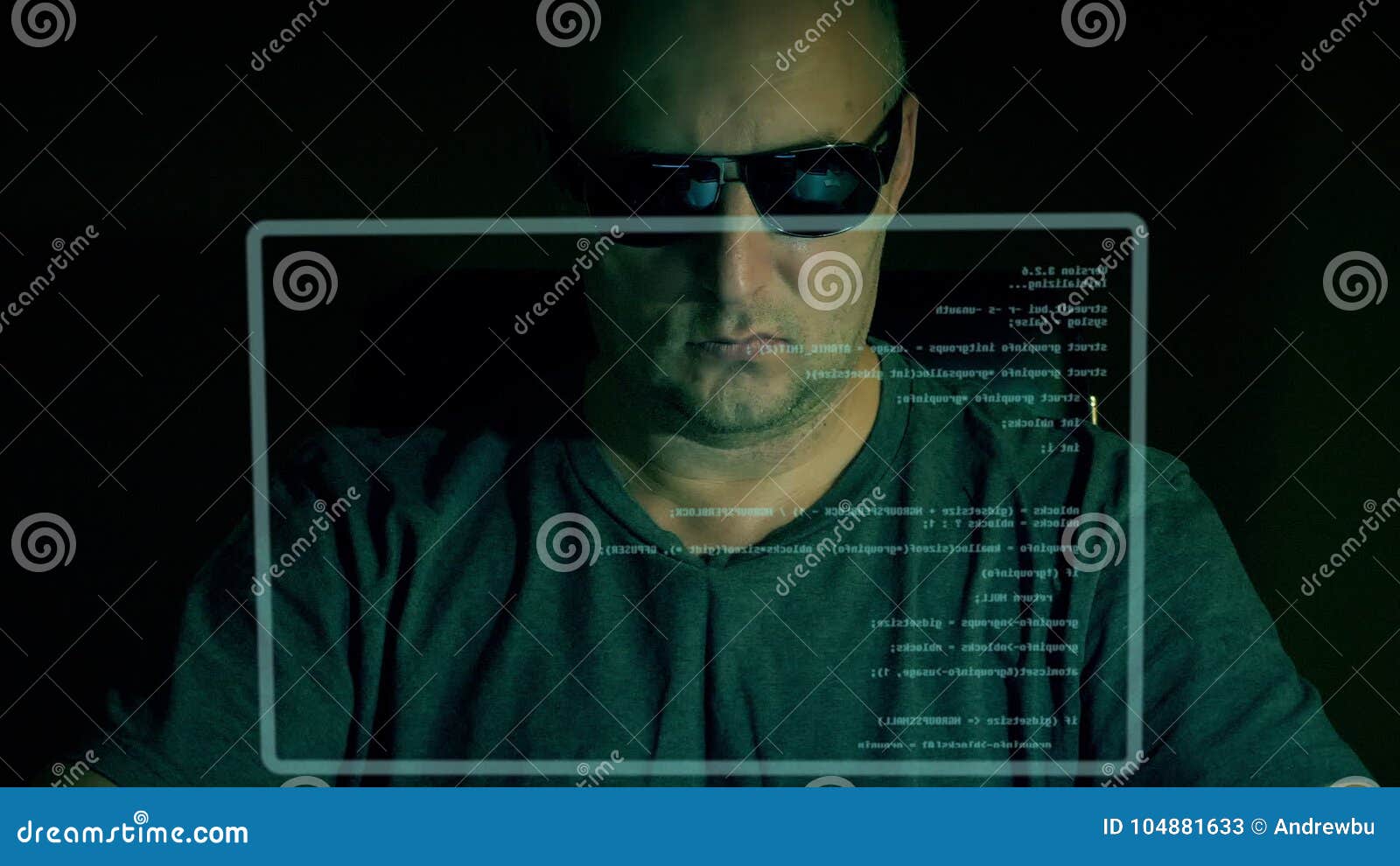 Fashion Man in Dark Glasses Sits in Front of Virtual Screen and Typing ...