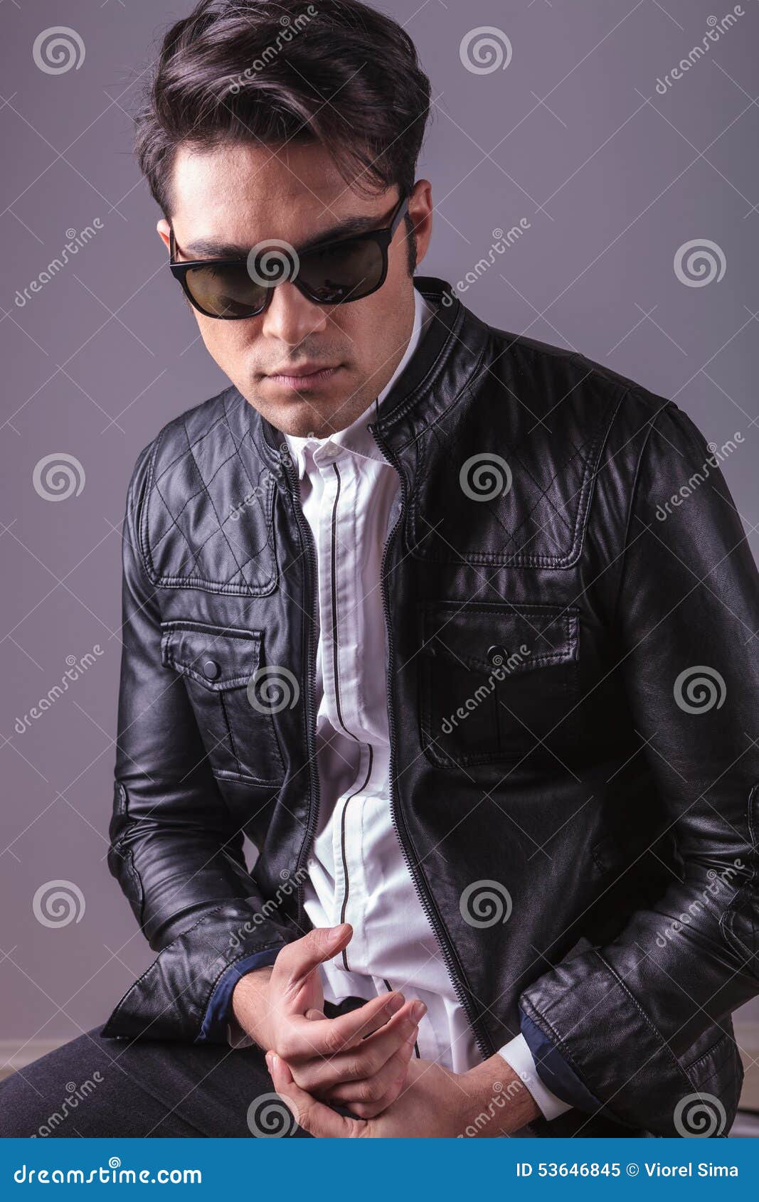 Fashion Man Wearing Sunglasses And Leather Jacket Stock Image Image