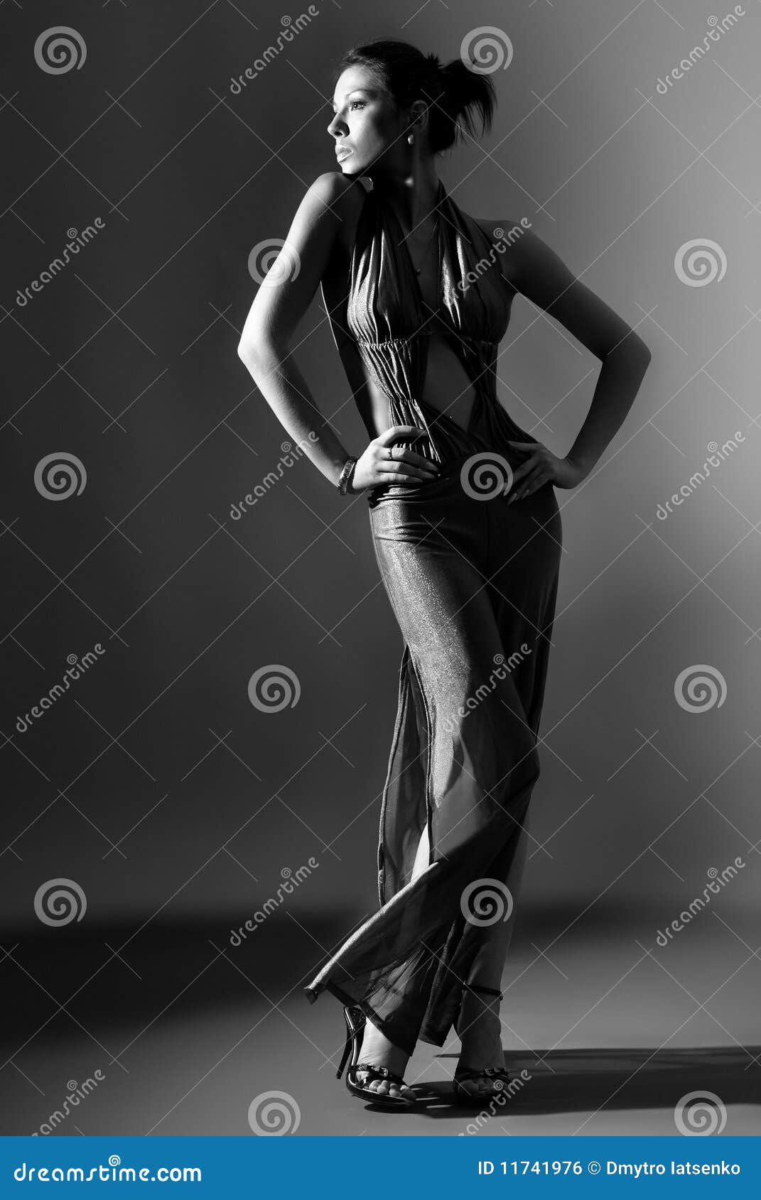 Fashion Model in Long Clothes on Dark Background Stock Photo - Image of ...