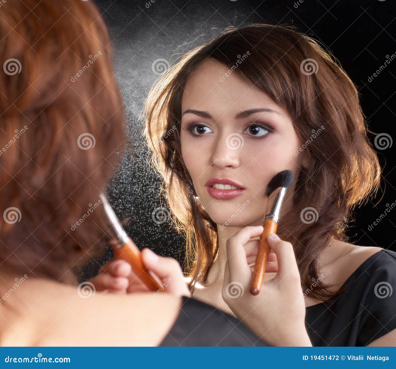 Fashion Model Makeup with Brush on the Mirror Stock Photo - Image of ...