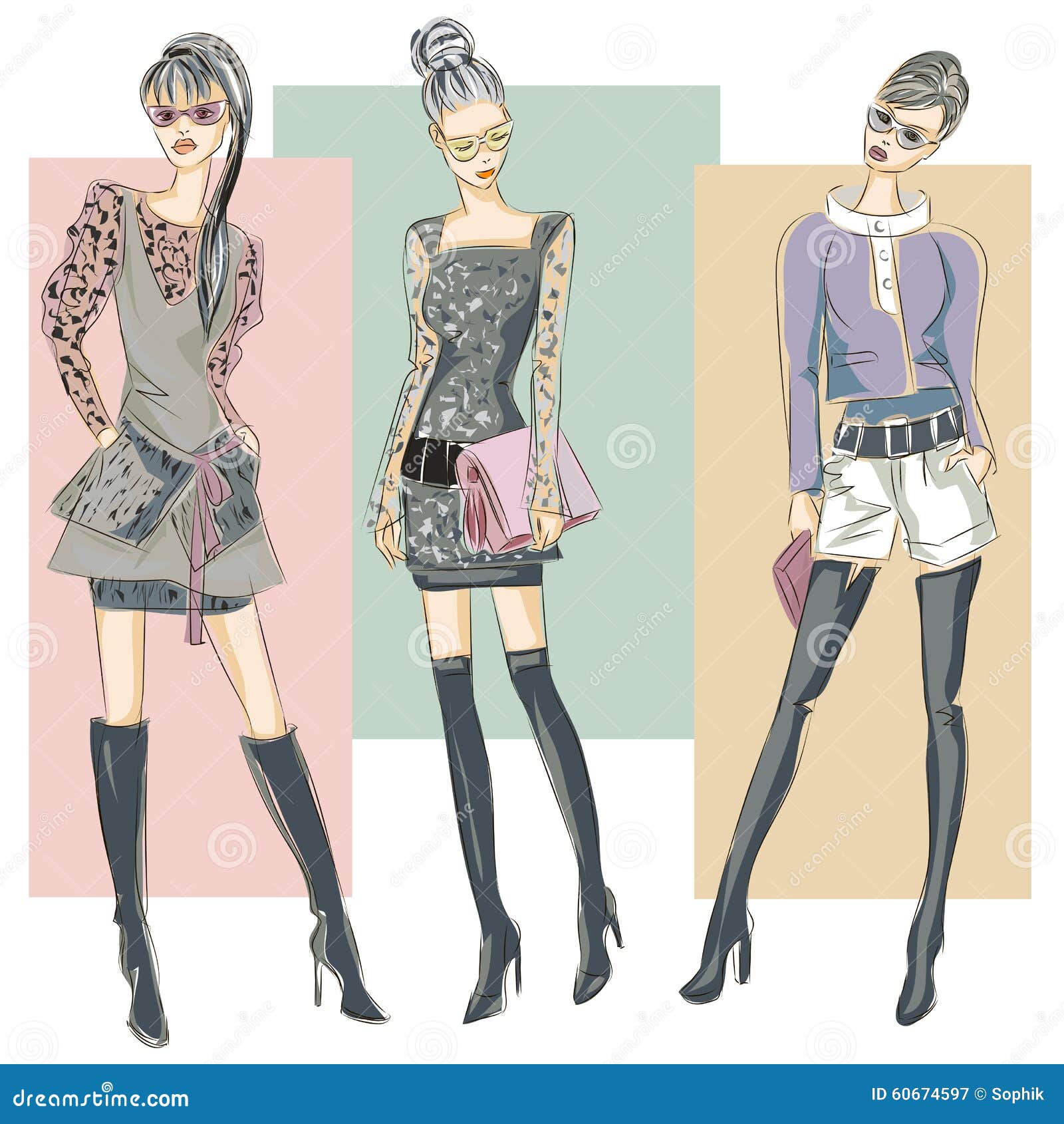 Fashion Models In Sketch Style With Paris City Background Royalty-Free ...