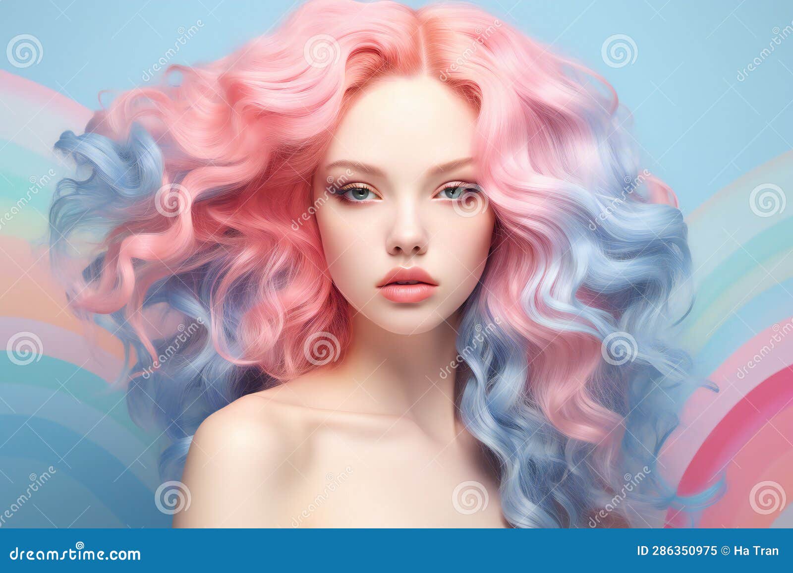 Fashion Portrait Of A Beautiful Girl With Pink Hair Curly Hair Stock