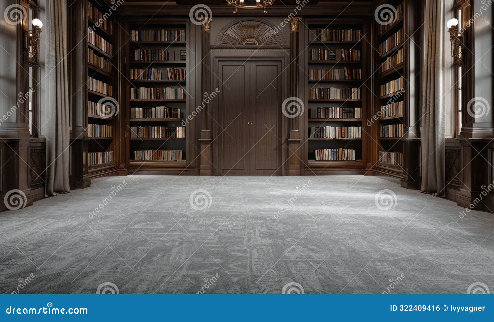 Fashion Runway with Light Grey Carpet Floor, Classic Library Backdrop ...