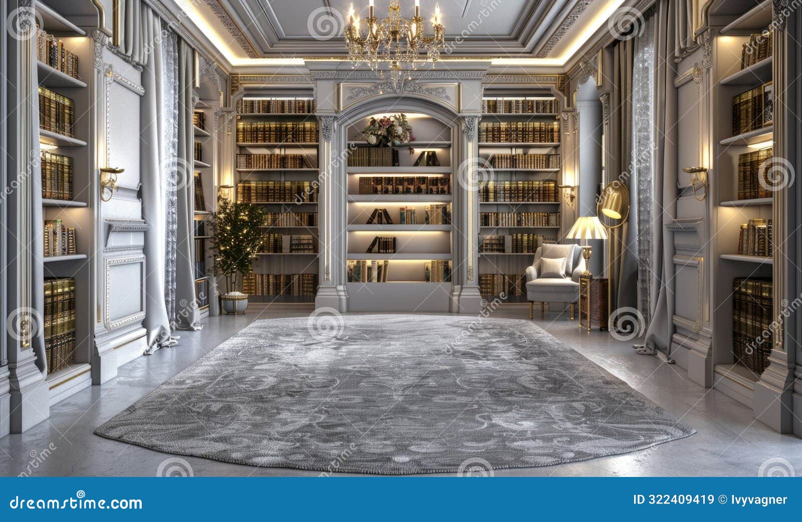 Fashion Runway with Light Grey Carpet Floor, Classic Library Backdrop ...