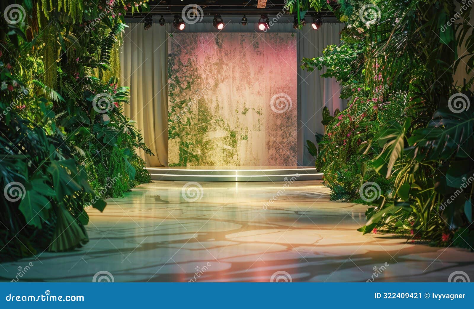 Fashion Runway with Marble Floor, Lush Greenery Backdrop Stock Image ...
