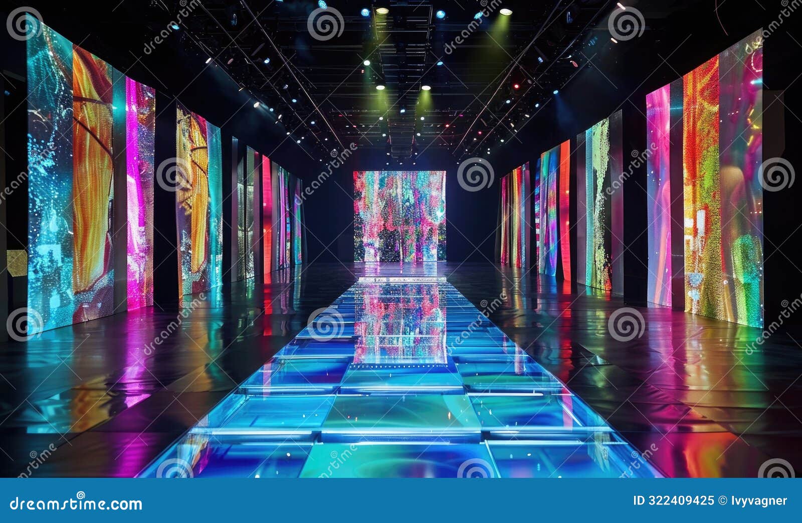 Fashion Runway with Metallic Floor, Urban Graffiti Backdrop Stock Image ...