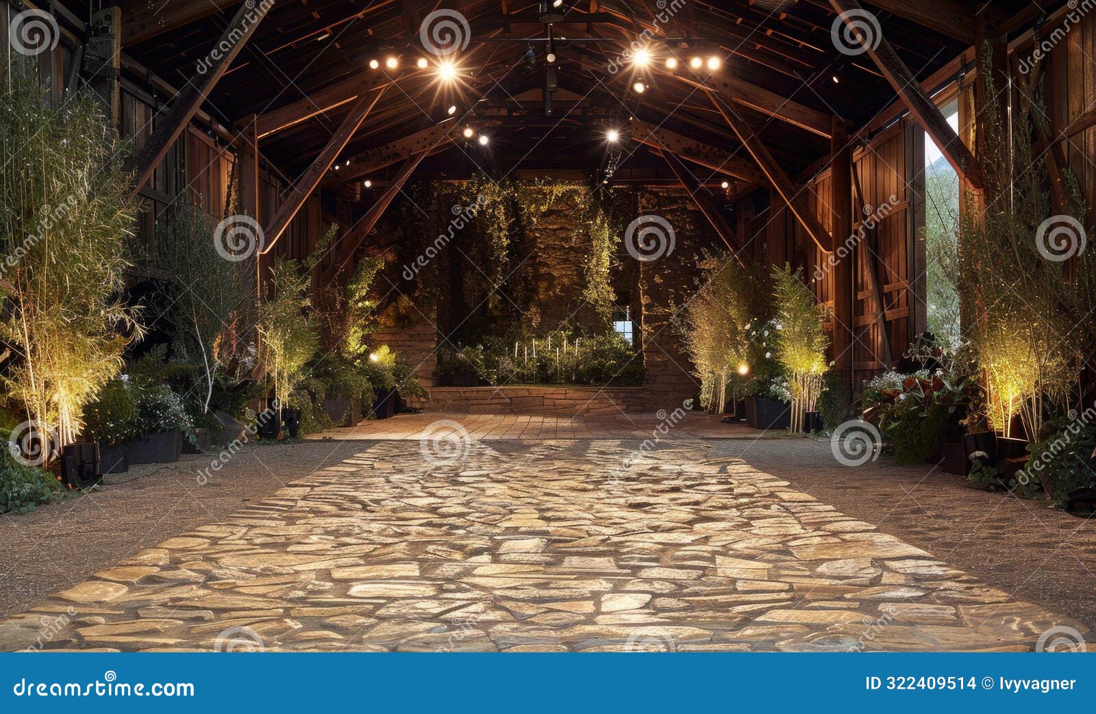 Fashion Runway with Stone Floor, Rustic Barn Backdrop Stock Photo ...