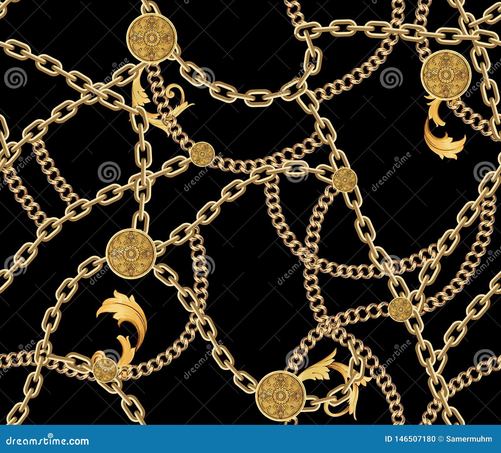 Fashion Seamless Pattern With Golden Chains Stock Illustration